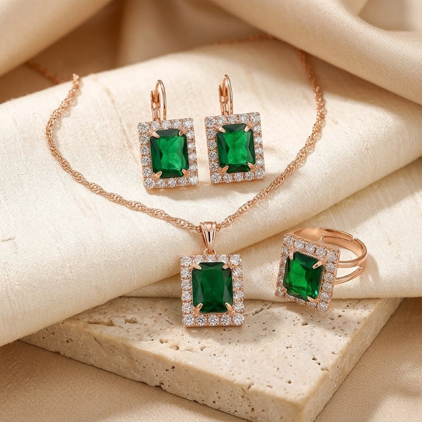 Gold Emerald Rectangular Jewelry Set – Evera Jewellery
